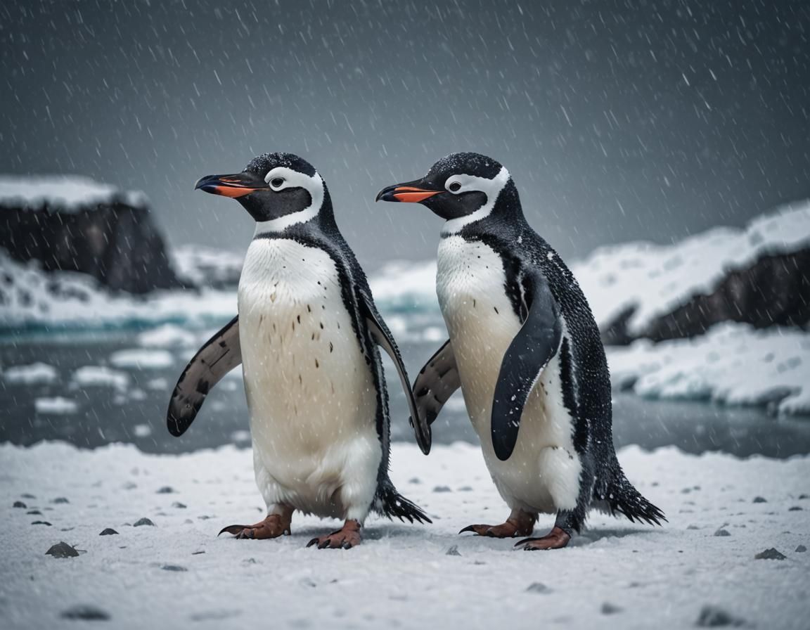 Two sweet penguins hugging each other in a stormy and snowy polar ...