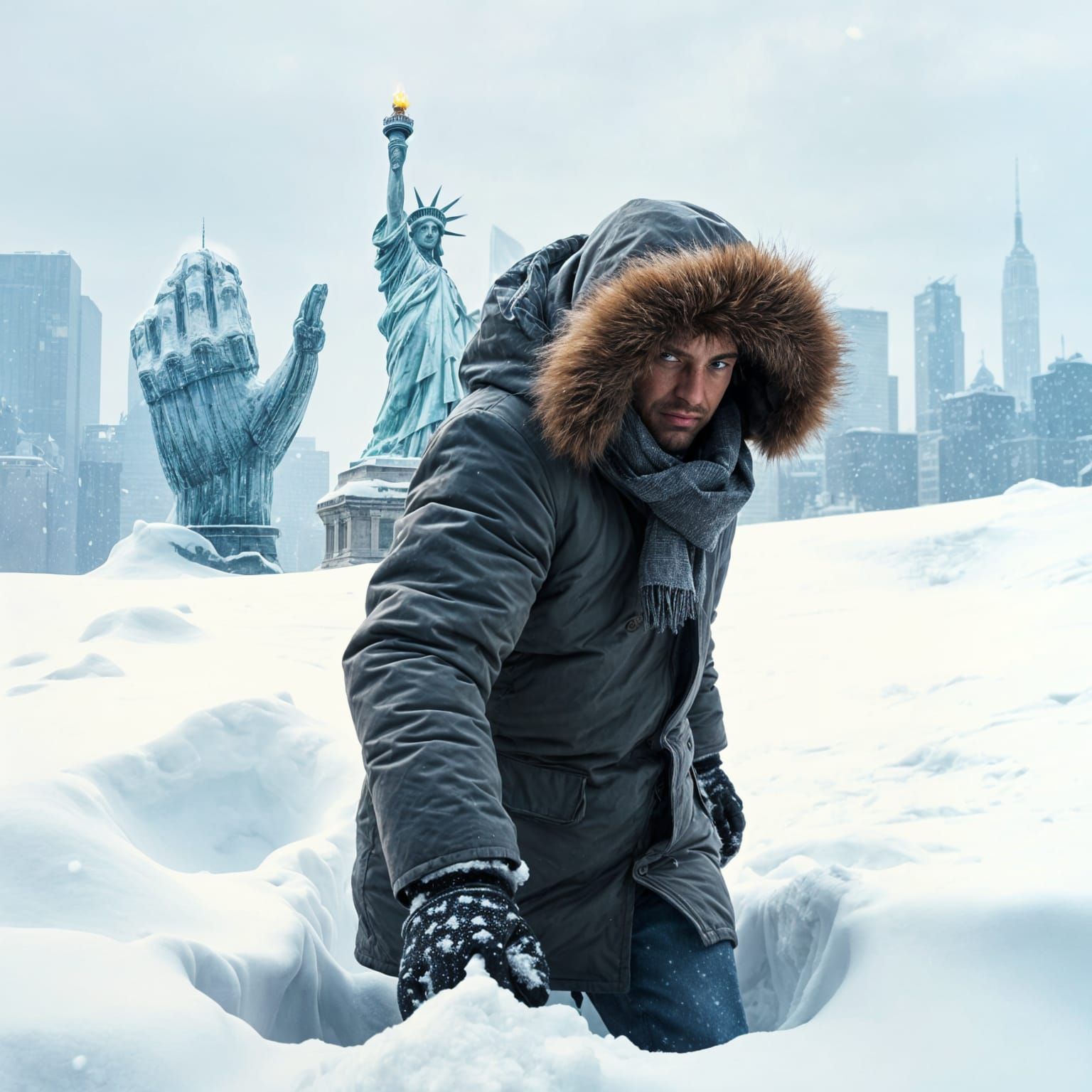 Snow covered New York Harbor - Snow-Covered Manhattan Landma...