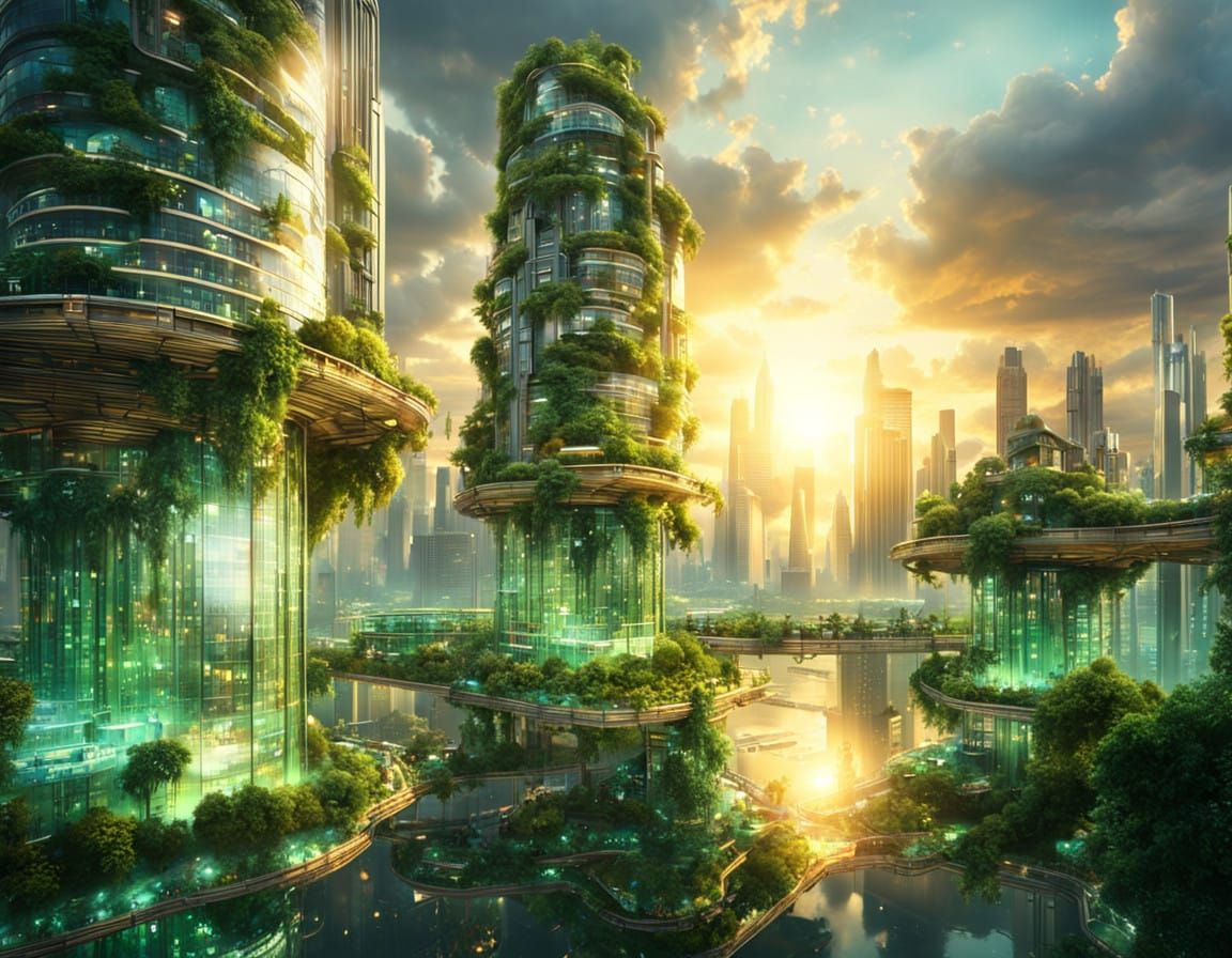 Sunrise over Solarpunk Megacity - Sunrise over Solarpunk Meg...