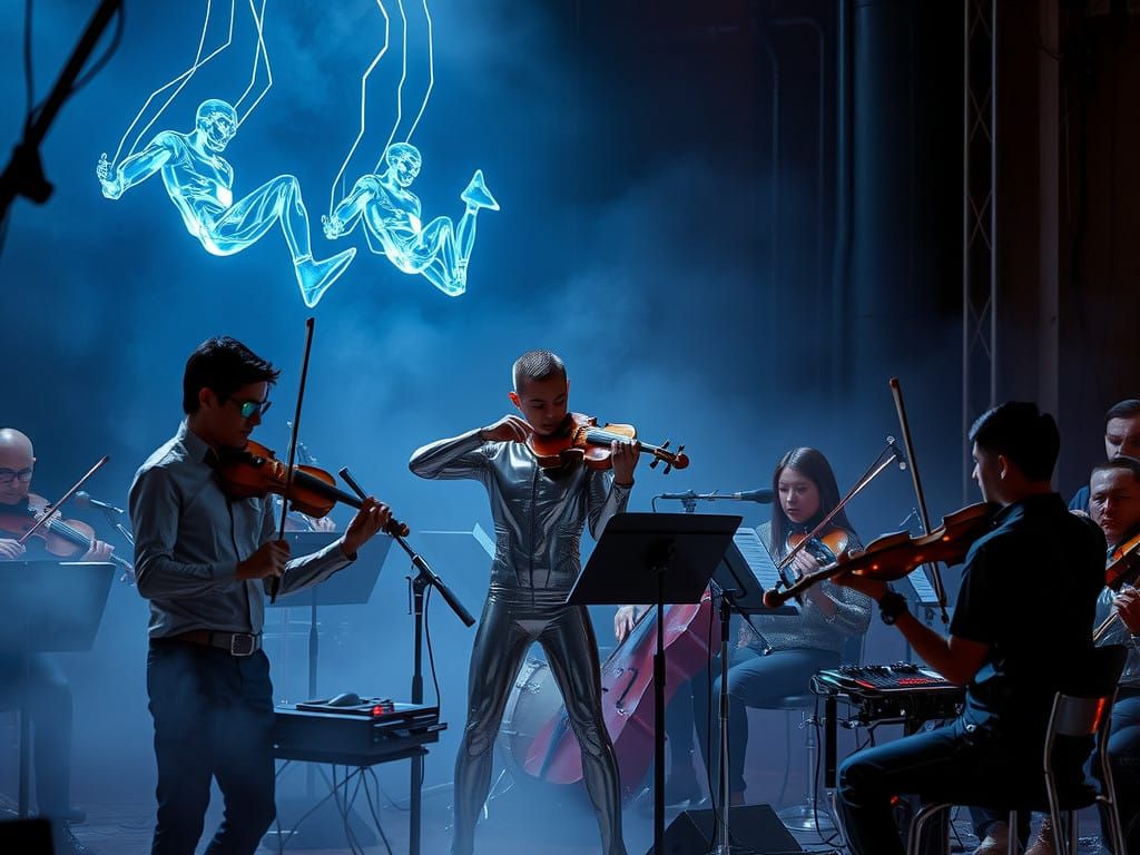 Photorealistic picture of a Cyberpunk orchestra composed of 20 ...