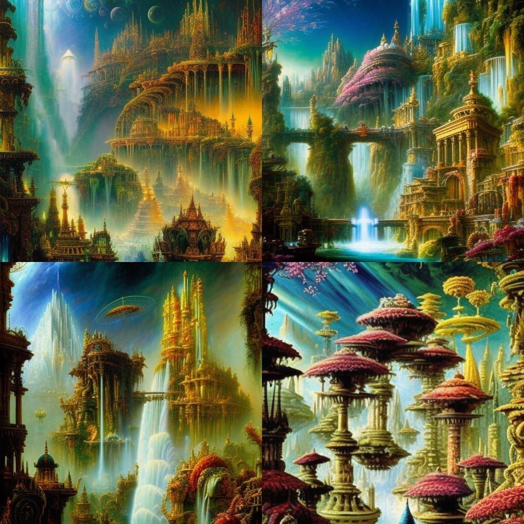 a fantastical city on an alien planet with paths and bridges in the sky ...