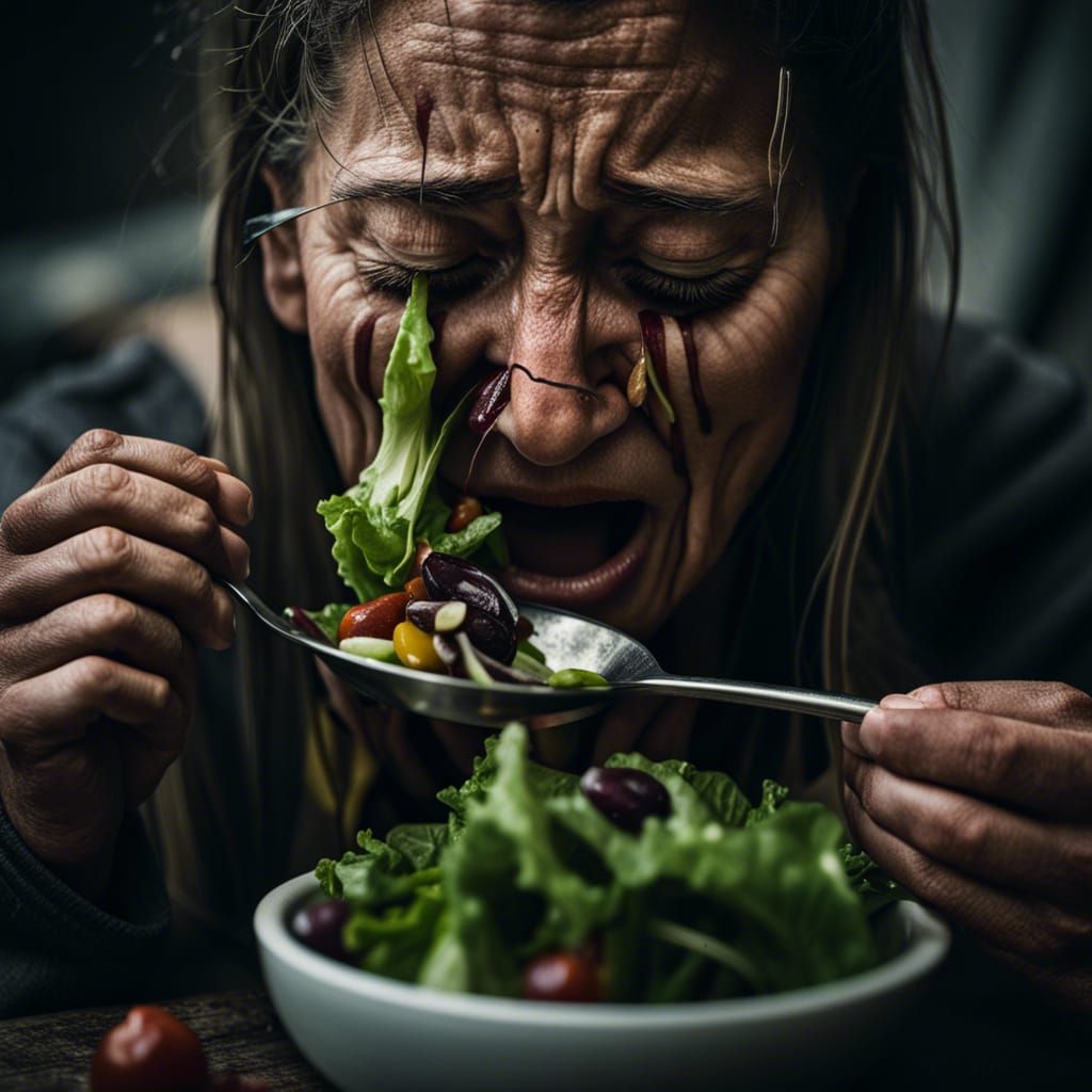 Beaver woman crying, eating a bowl of salad - AI Generated Artwork ...
