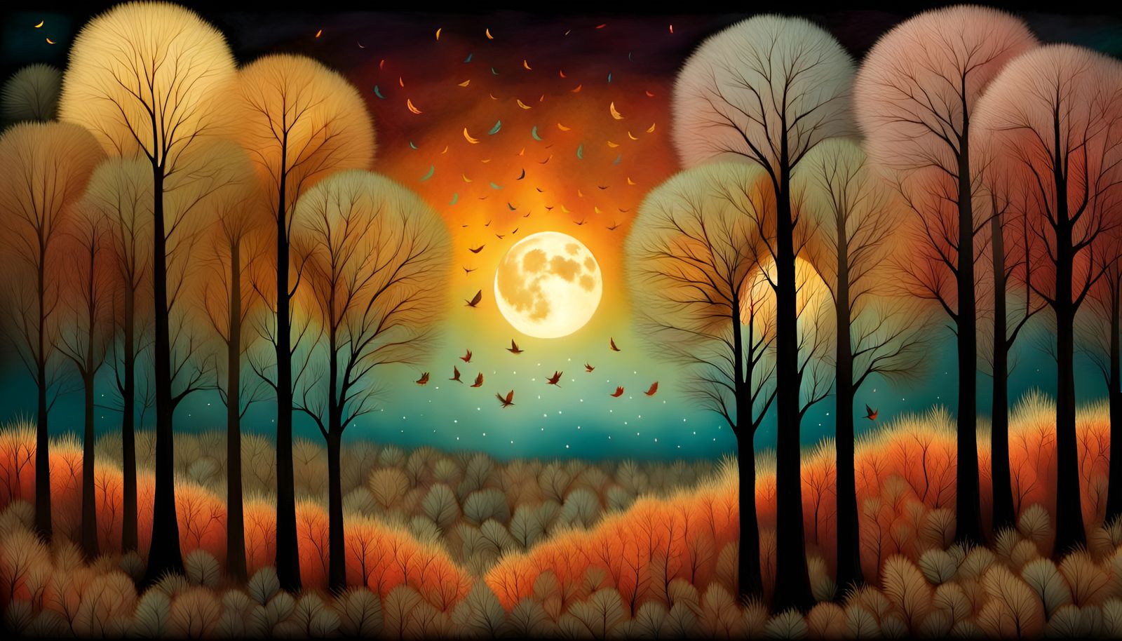 "trees that look like Fall Colored Feathers moon lit, by Jane Newland ...