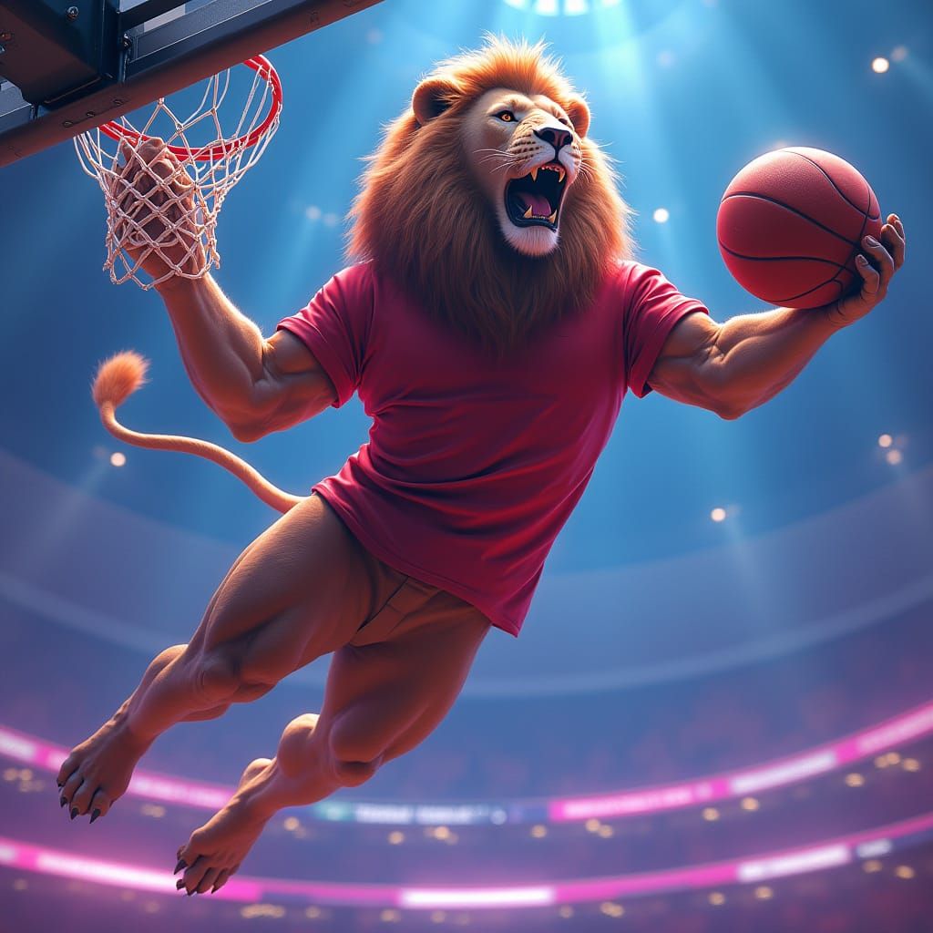 Majestic Lion Dunking in Neon-Lit Dome - AI Art