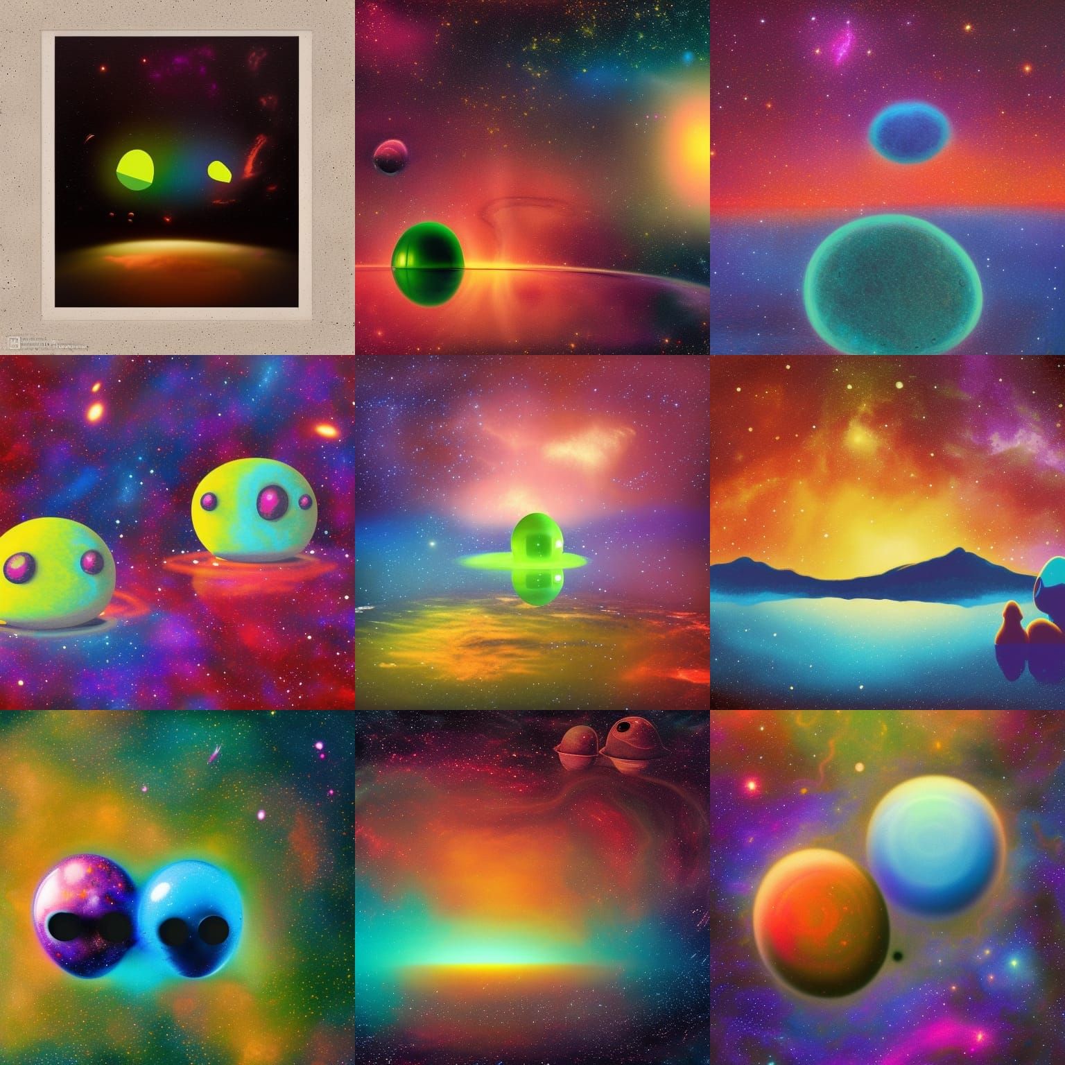 two alien blobs sitting at the edge of a galaxy lake, abstract art ...