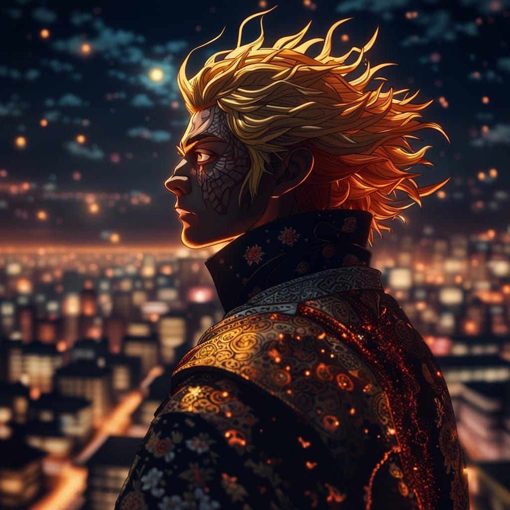portrait of Rengoku from demon slayer on a roof in a city a Gustav ...