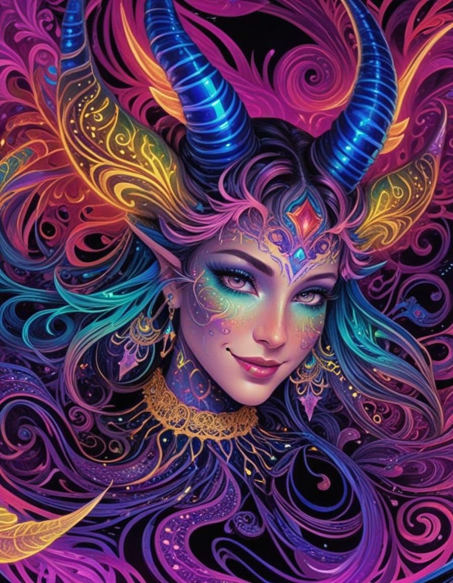 Glowing Demon in Vibrant, Dreamlike Landscape - AI Art