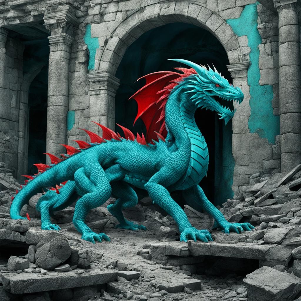 dragon,cyan,red,in ruins - AI Generated Artwork - NightCafe Creator