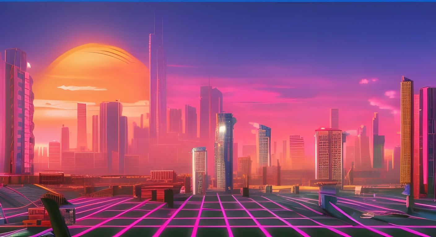 80's retro city with sunset at the side, retrowave, grid, detailed ...