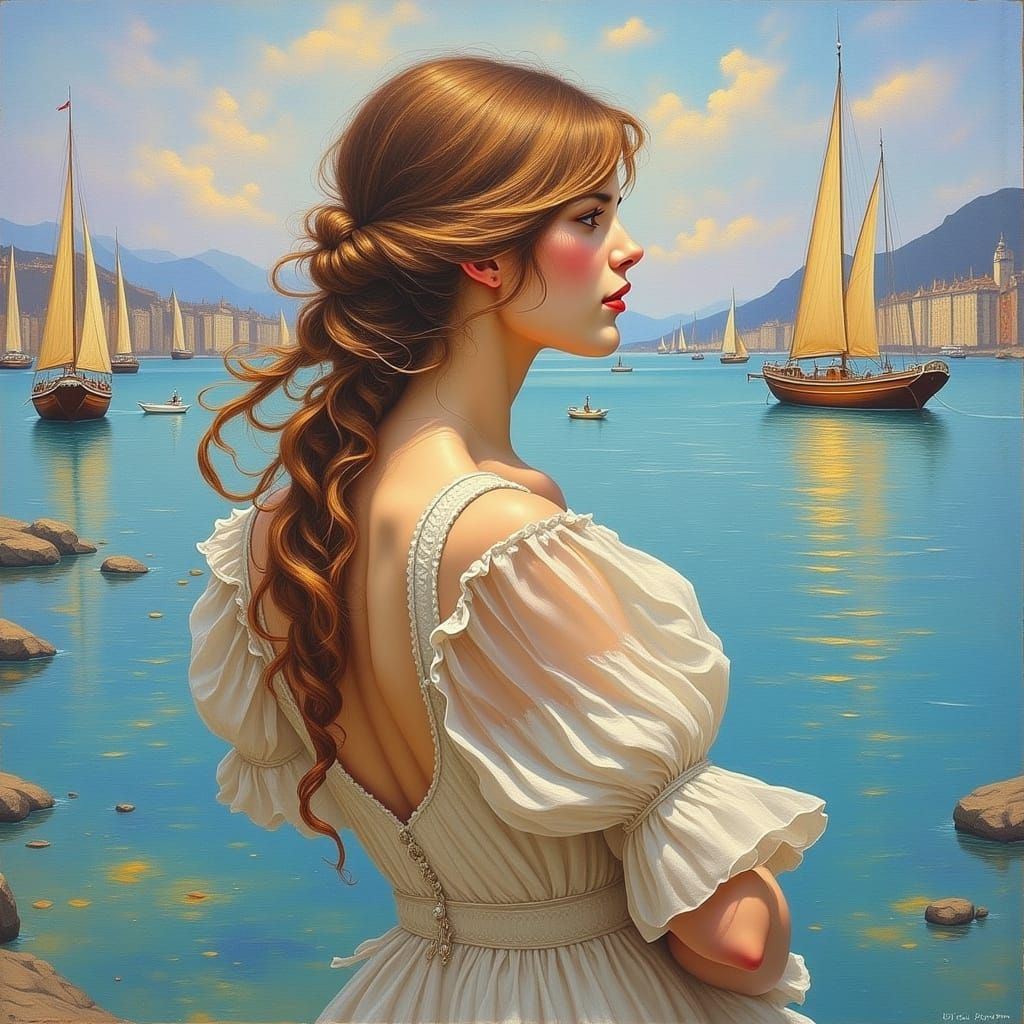 Impressionist Harbor Scene with Serene Woman - AI Art