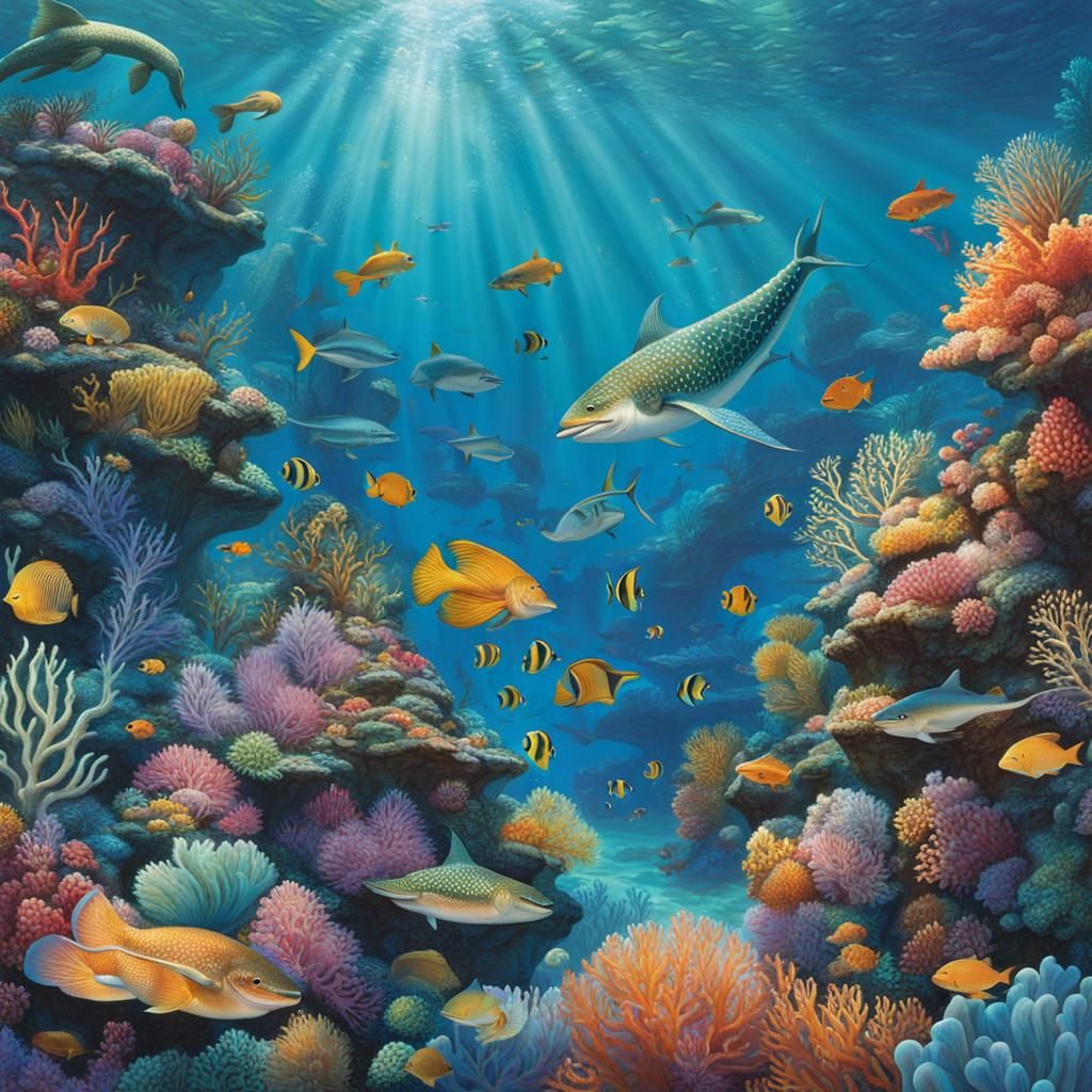 Illustrate an underwater paradise where mermaids frolic among coral ...