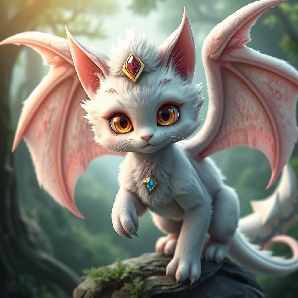 Mythical Feline Dragon in a Lush Green Forest Scen... - AI Art