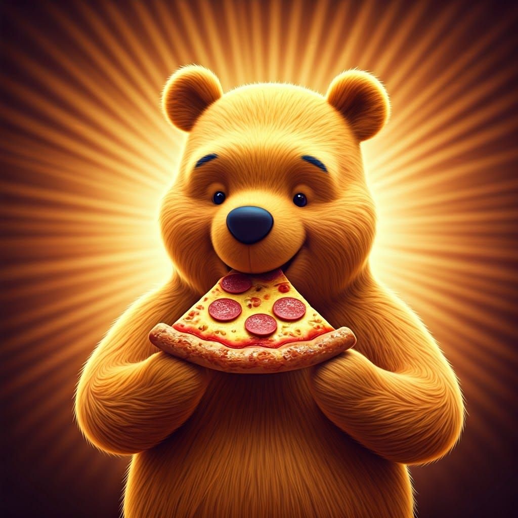 Pooh Bear in a Vibrant Cyberpunk Pizza Scene - AI Art