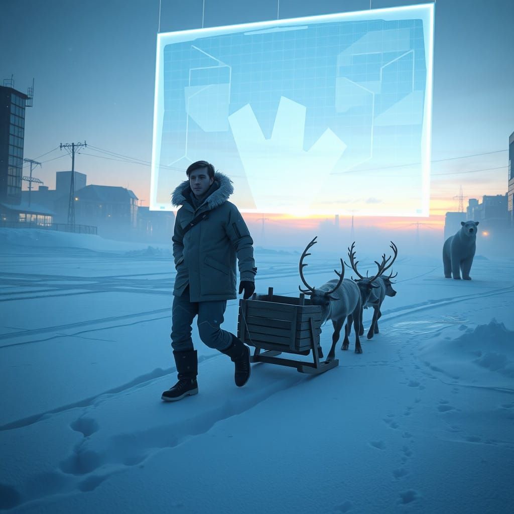 A hologram projected onto a crime-ridden futuristic cityscape of the ...