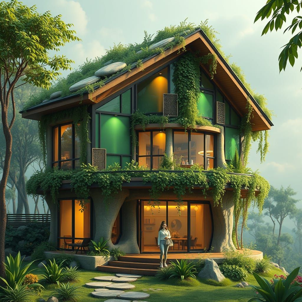 A solarpunk house combining nature and tech