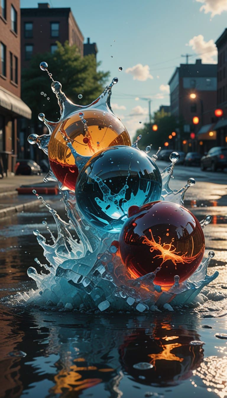 display of colorful liquid drops colliding, dancing gracefully against a backdrop of pop art