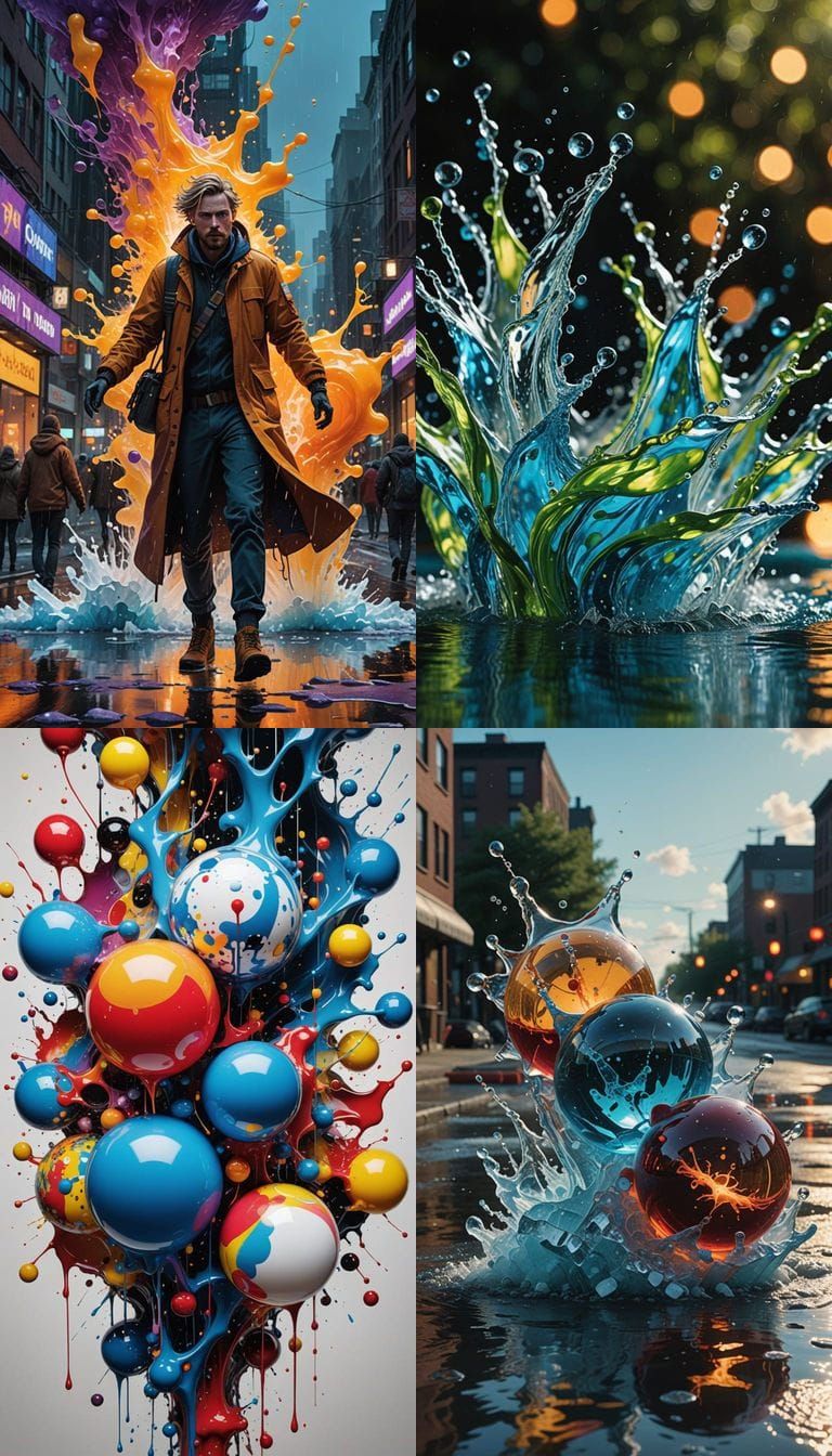 display of colorful liquid drops colliding, dancing gracefully against a backdrop of pop art