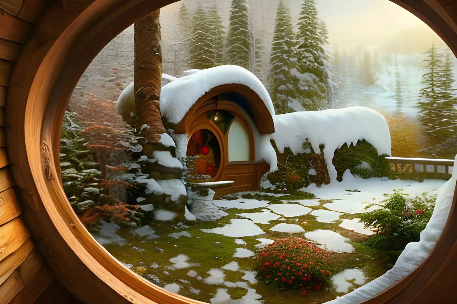 Winter from the warm interior of a hobbit house - AI Generated Artwork ...
