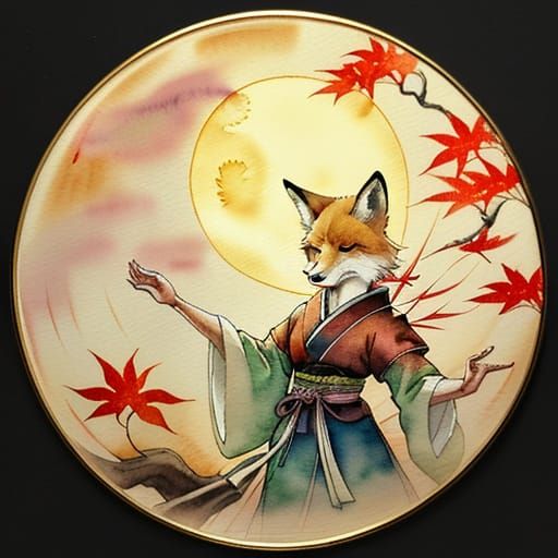 Ethereal Fox Yokai Under Golden Autumn Moon - AI Art