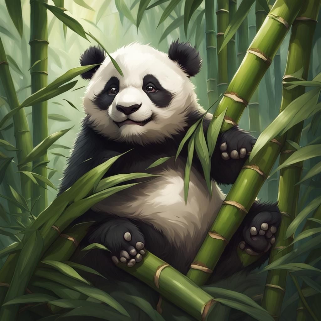 chubby panda cub tumbles headfirst into a pile of bamboo leaves, its ...
