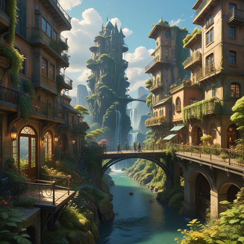 A solarpunk cityscape constructed entirely of square buildings, with ...