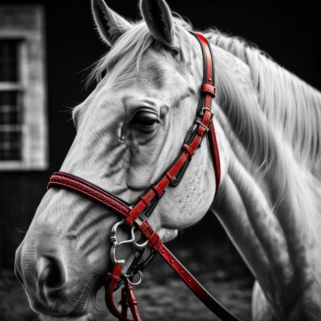 black and white photo of a horse. red bridle - AI Generated Artwork ...