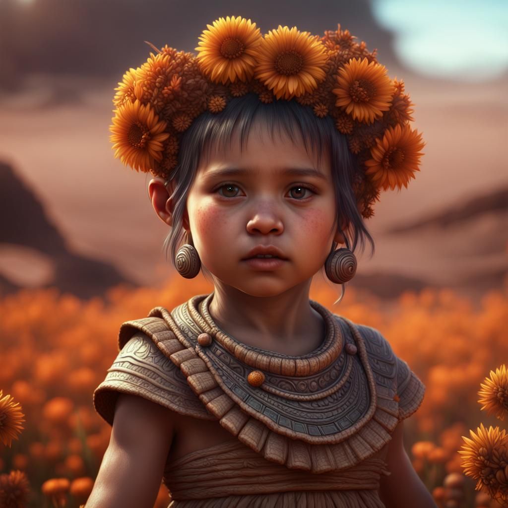 Ultra realistic cute Mayan baby girl in a field of cempasuchil flower ...
