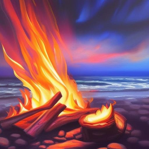 a painting of a beautiful glowing campfire by the ocean, featured on ...