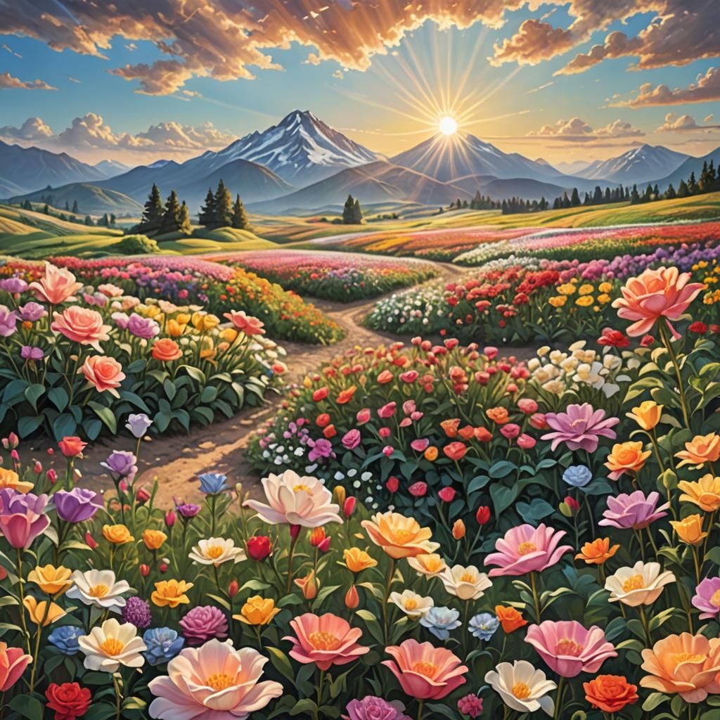 Flower Fields, giant flowers, multi color, pastel, sun rays, clouds ...