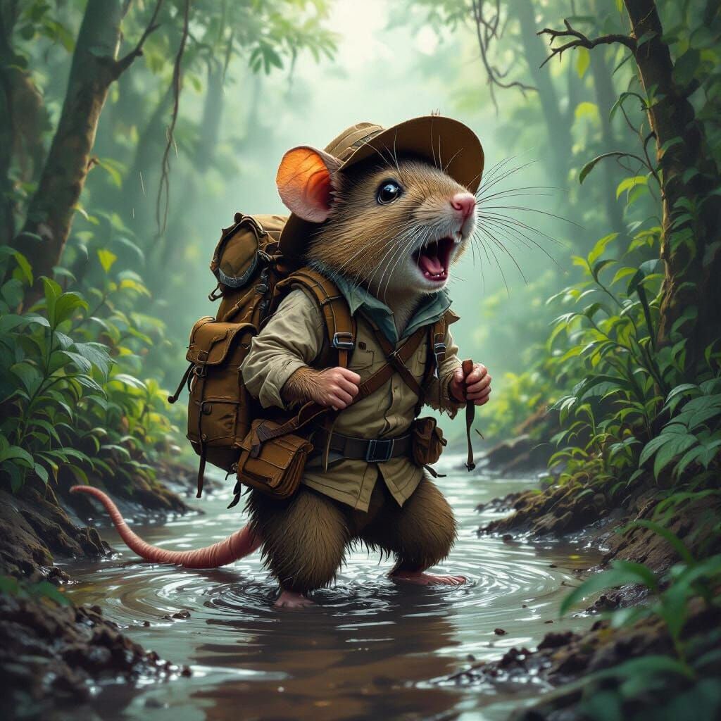 Adventurer Mouse in Amazonian Quicksand - AI Art