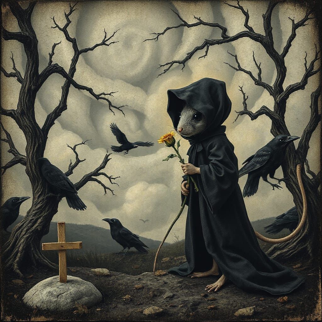 Mourning Mouse at Grave, in Gothic Woodcut Style - AI Art