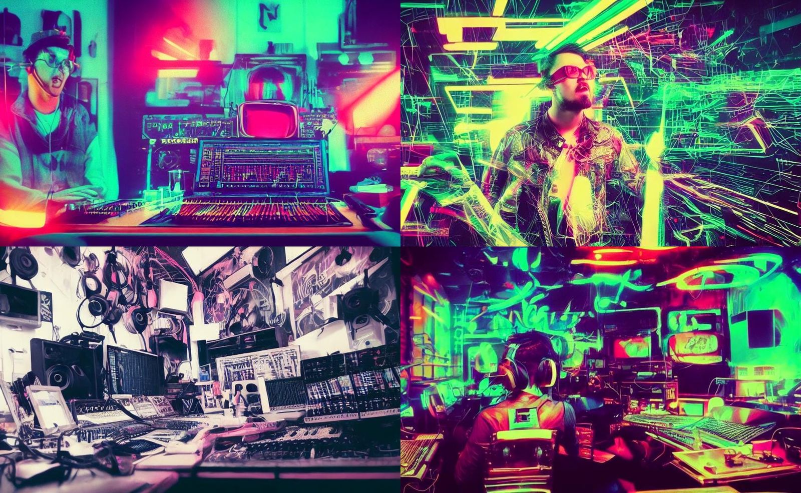 hipster electronic music producer raging in the studio synthwave neon ...