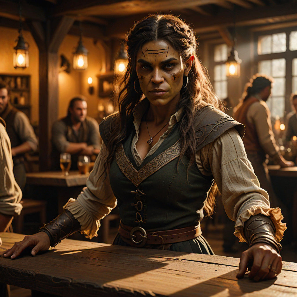 Half orc dancing girl in a dimly lit tavern, dancing on a table