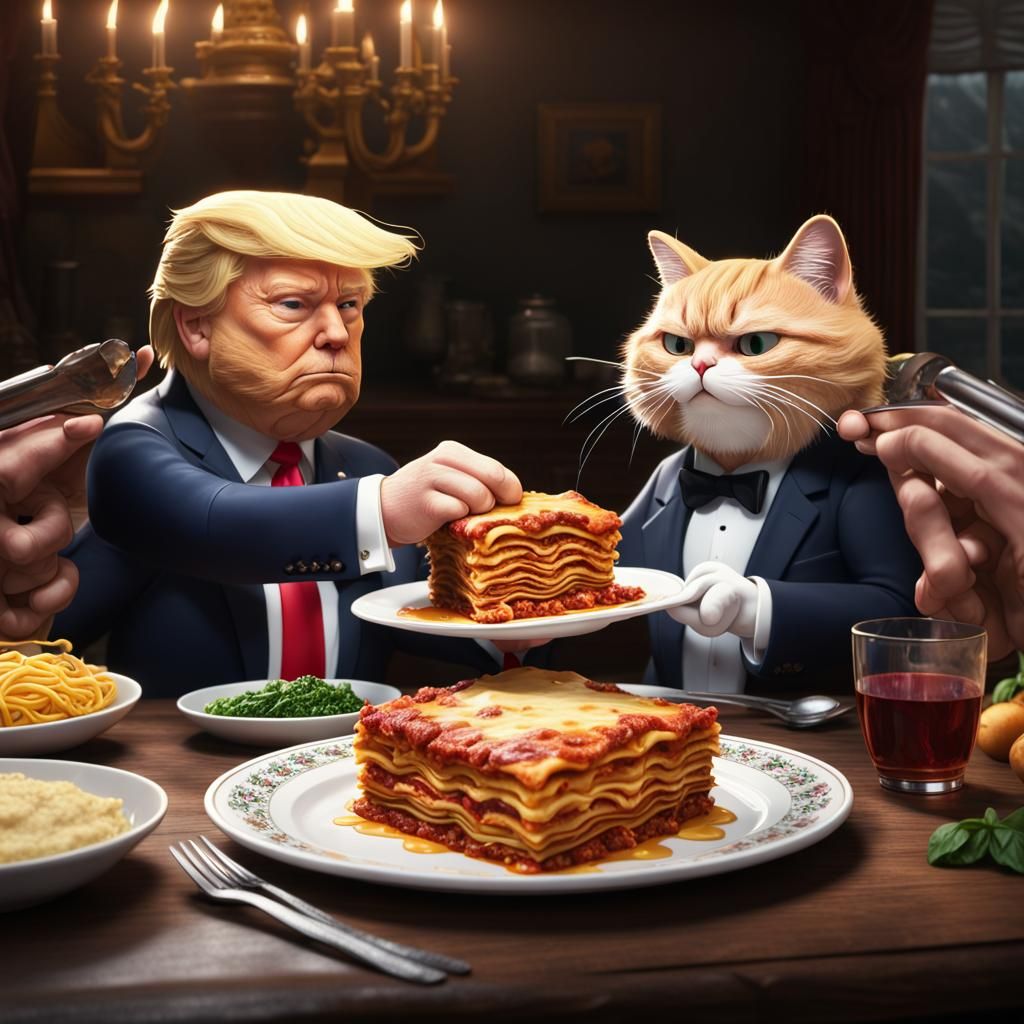 Donald Trump and Garfield the cat sharing a plate of lasagna - AI ...