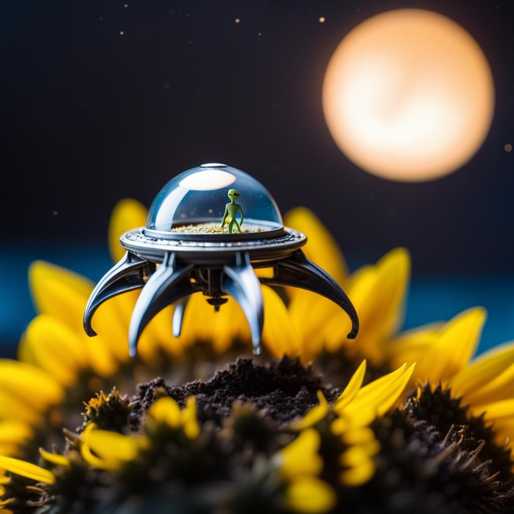Photograph, Macro, small tiny miniature alien spaceship with alien in ...