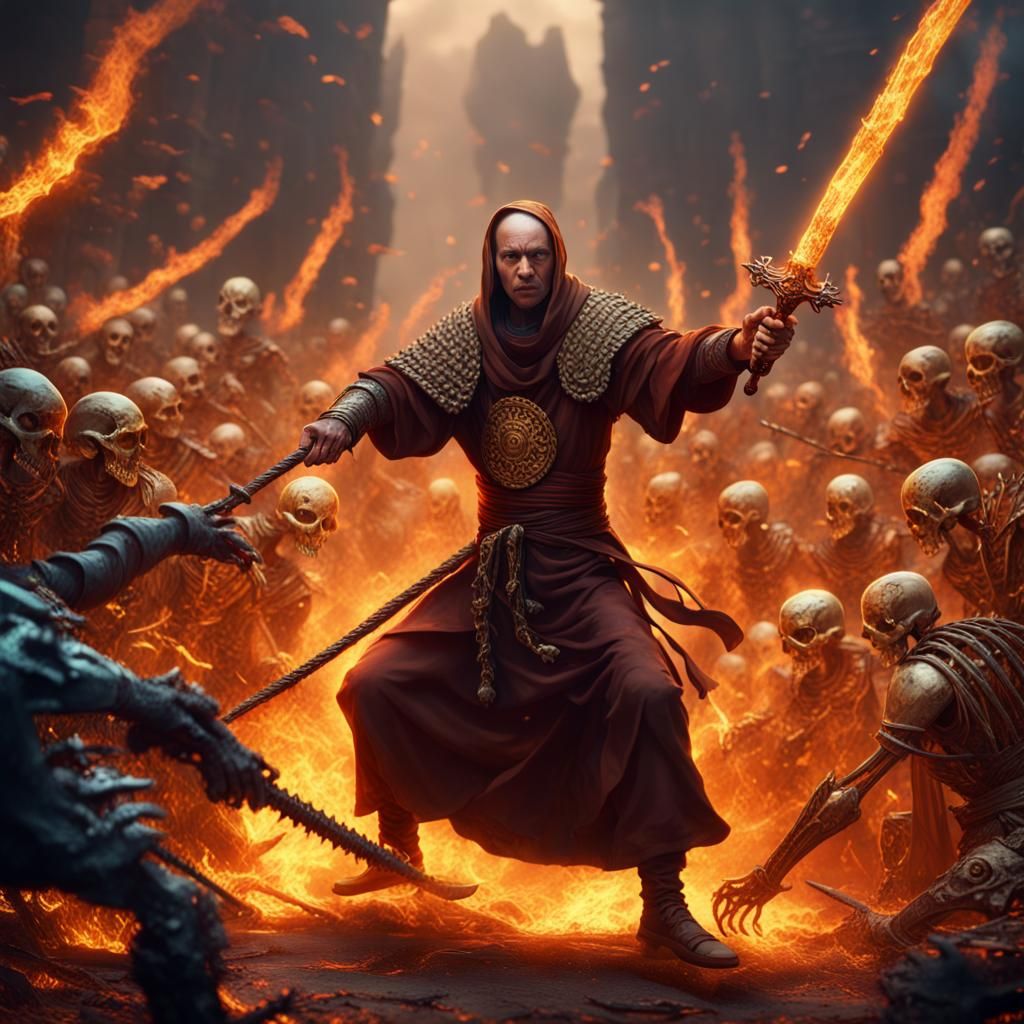 A radiant monk fighting off an army of armored skeletons - AI Generated ...