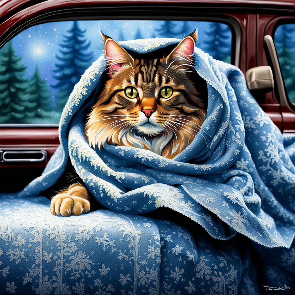 It's a cat wrapped in a blanket inside a car by Thomas Kinkade: Paul ...