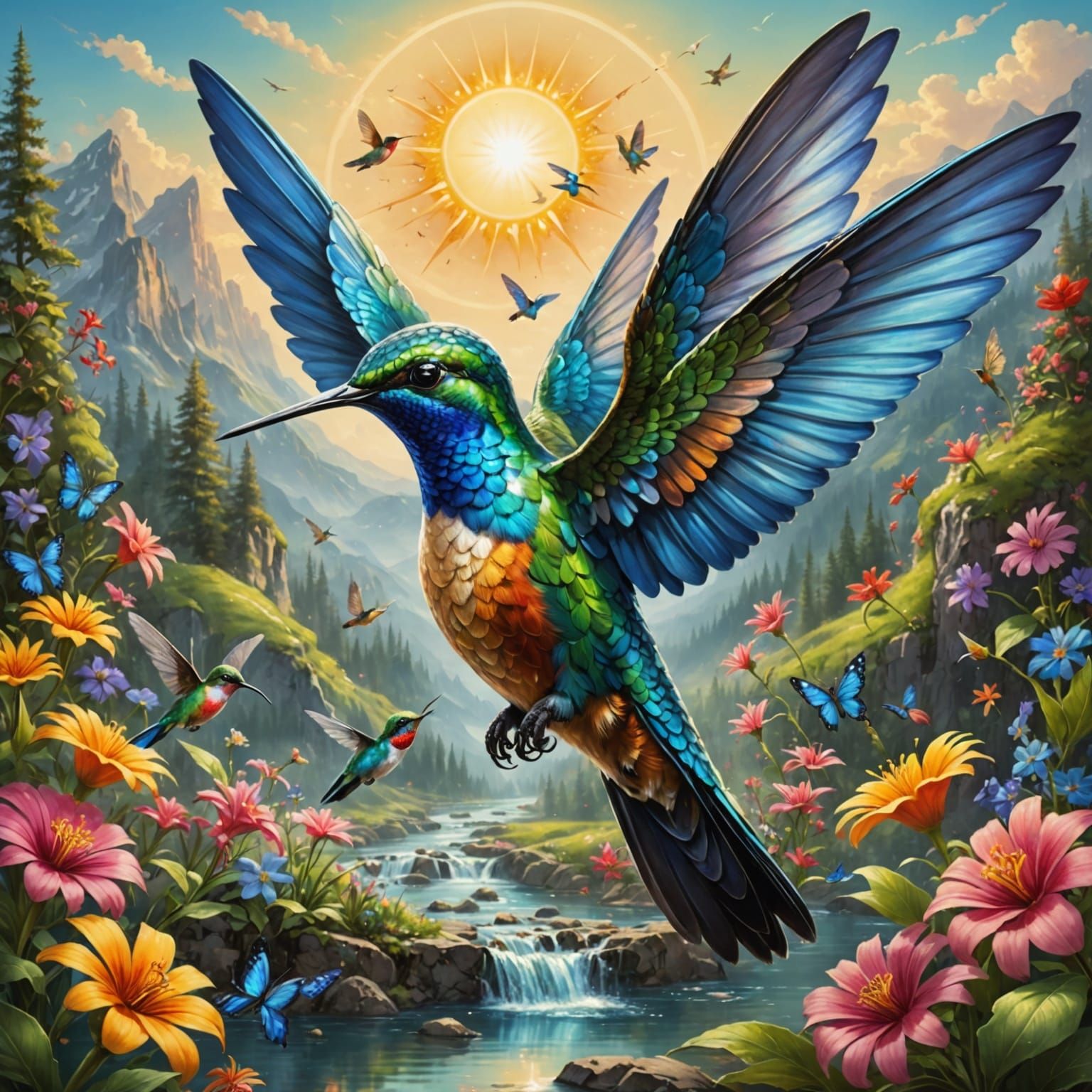 Fairy Riding Hummingbird in Floral Valley - AI Art