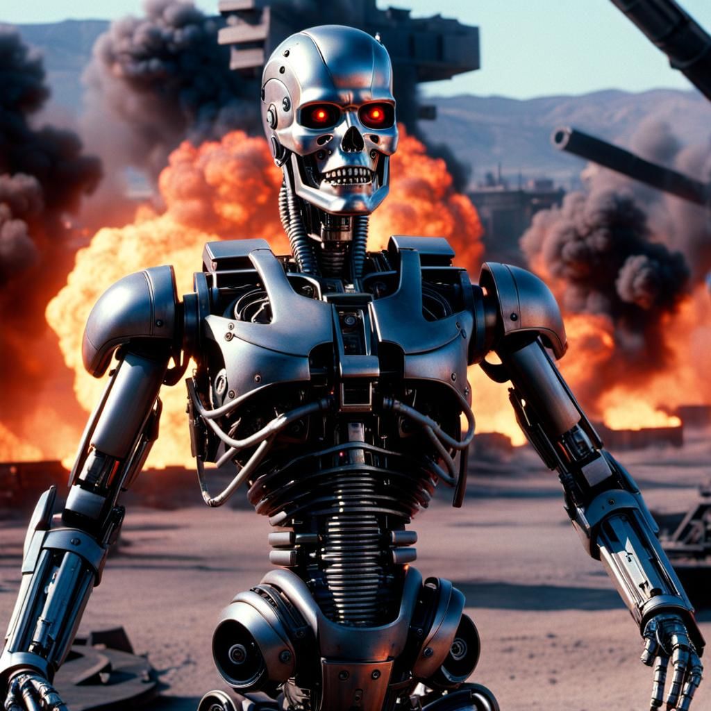 Scene from "Terminator 2"Skinless Terminator robot. Explosion. Shotgun ...