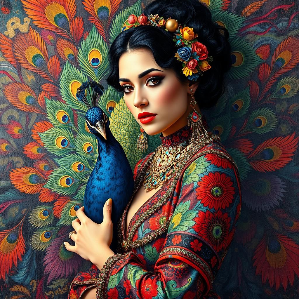 Peacock Queen - Whimsical Peacock Goddess in Vibrant Fantasy...