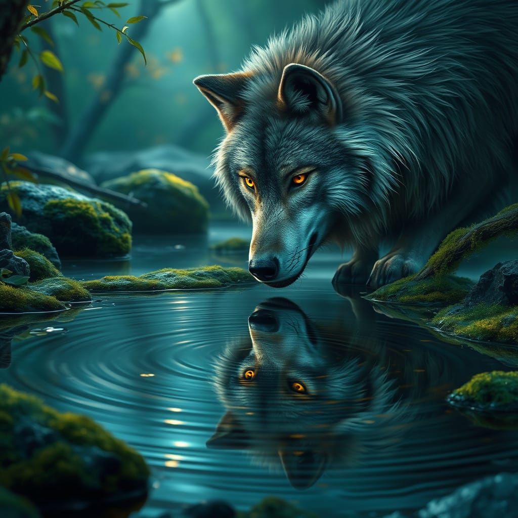 Puddle - Mystical Wolf Gazing into a Serene Puddle in a Fant...