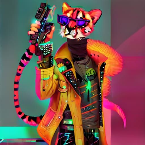 furry, anthropomorphic male cheetah, tail, cyberpunk, blade runner ...