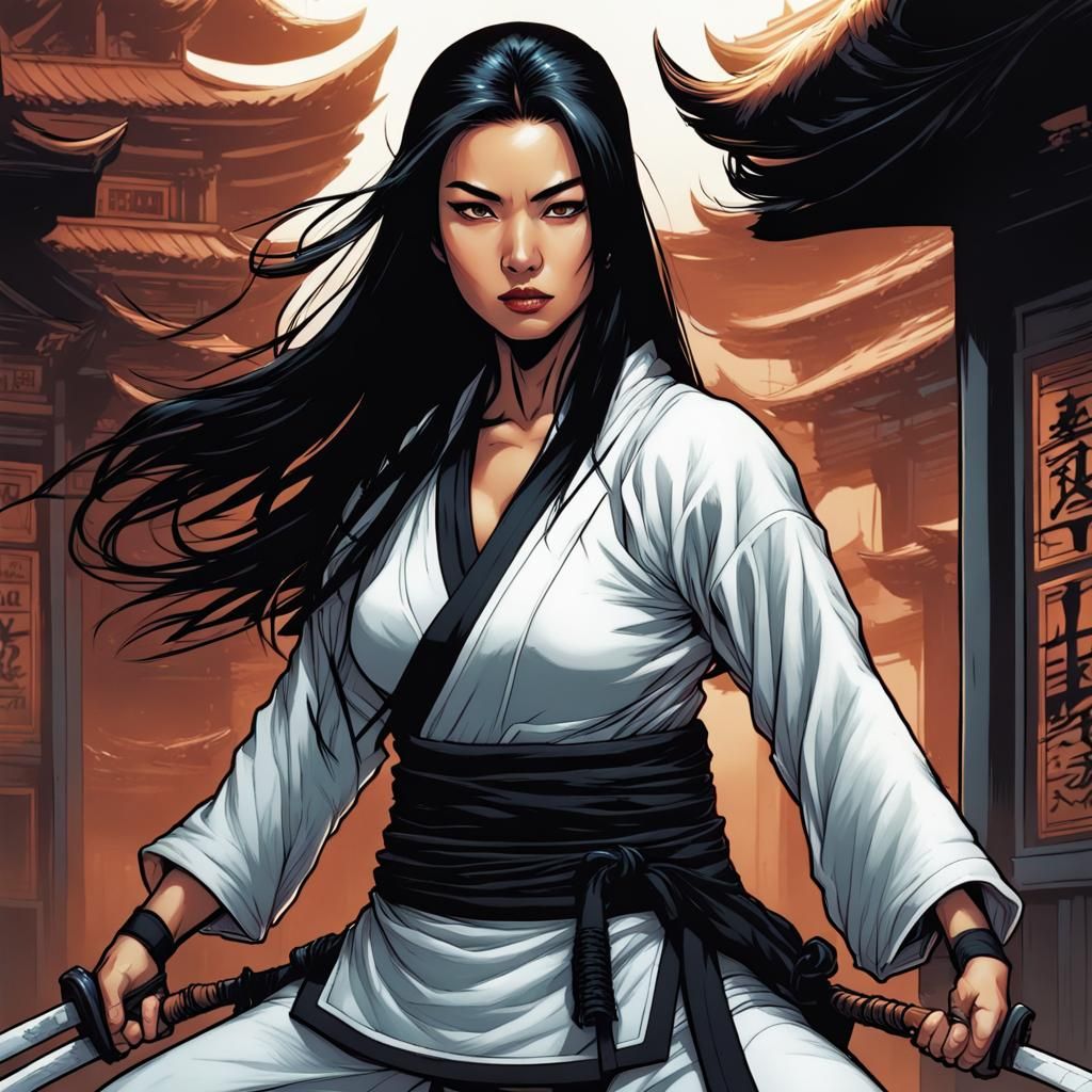 asian female ninja in white with long black hair portrait - AI ...