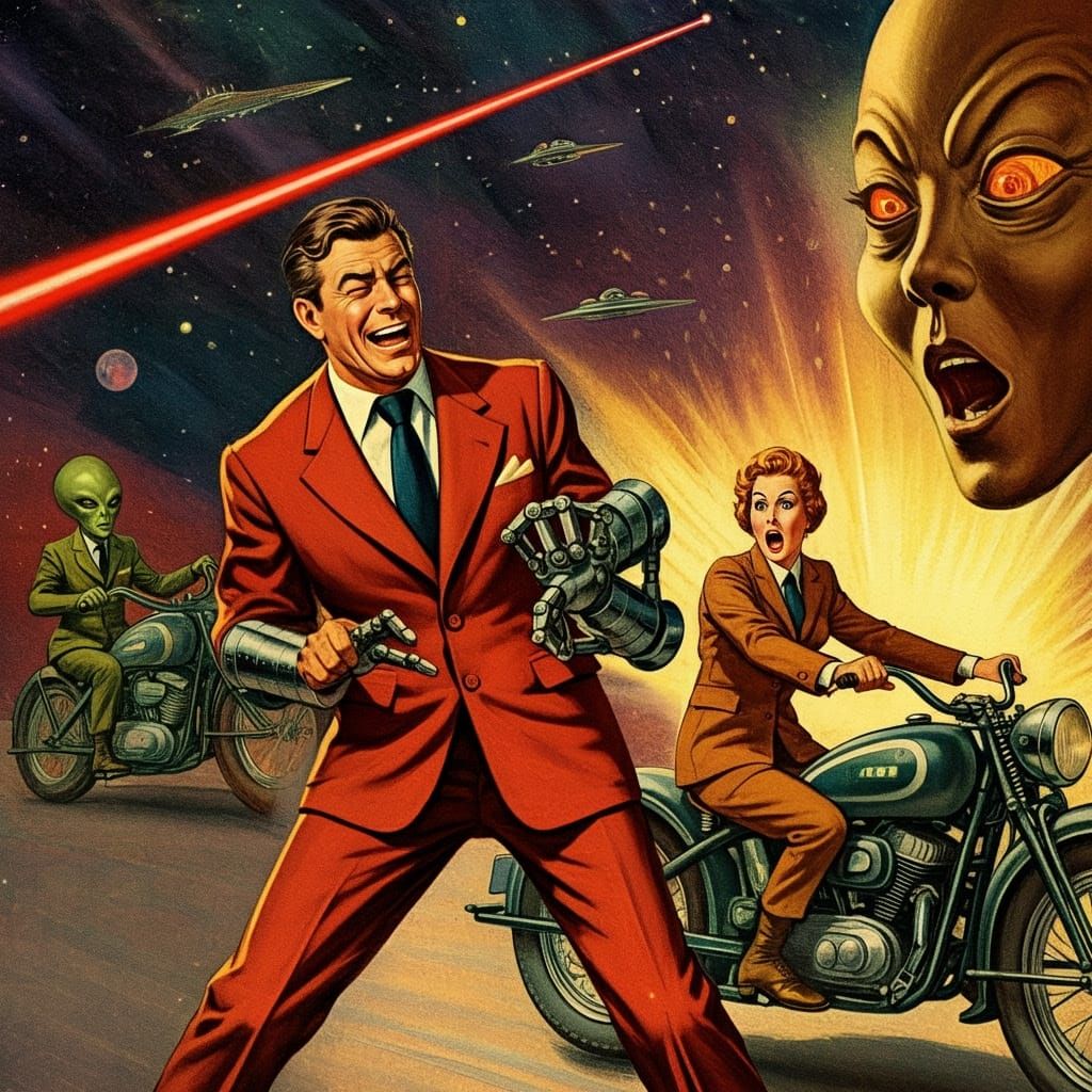 Cosmic Heroes Unite in Vintage Pulp Art Style - AI Art