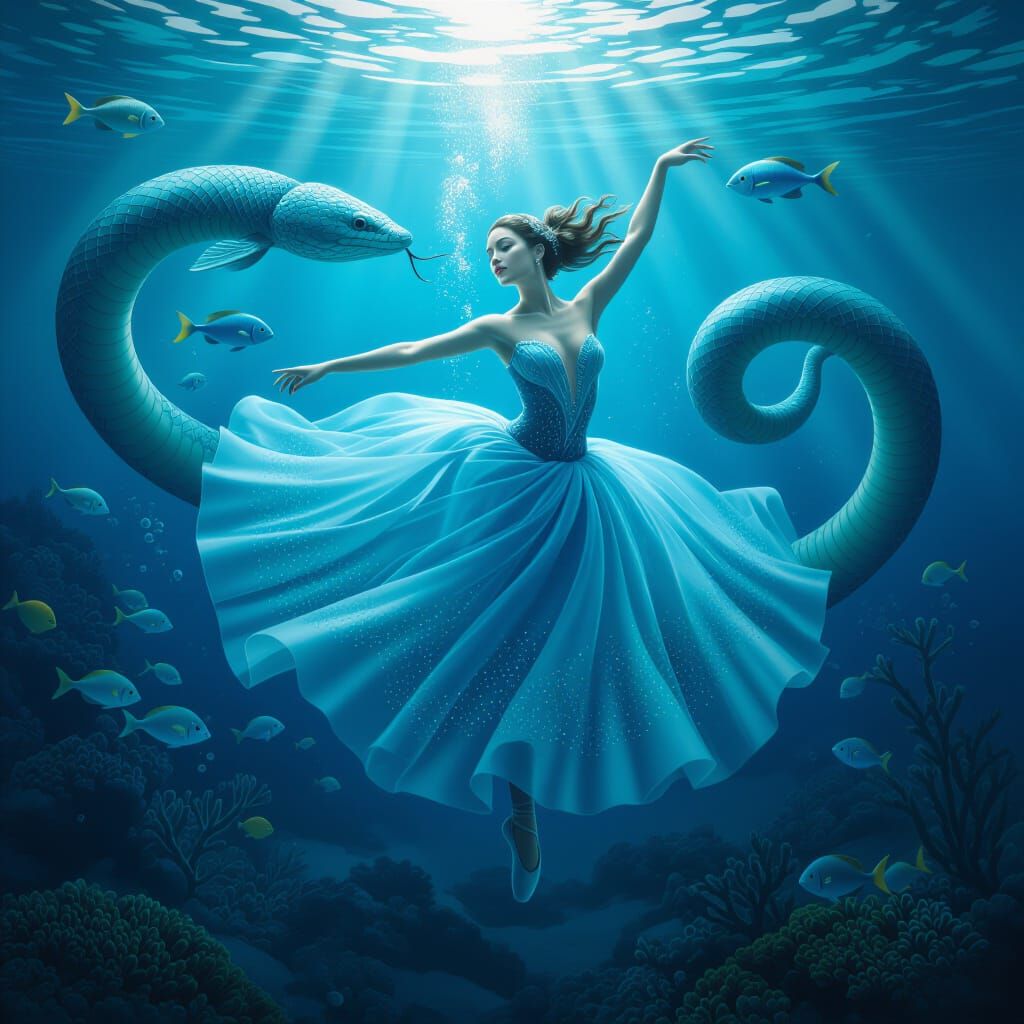 Ballerina is dancing with a big serpent under water.