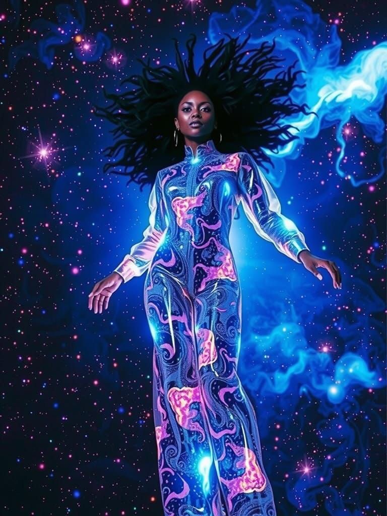 Galactic Siren in Vibrant, Neon-Lit Galaxy - AI Art