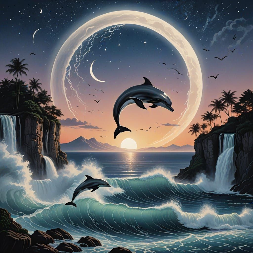 Dolphin Leaps in Lunar Ocean Scene - AI Art