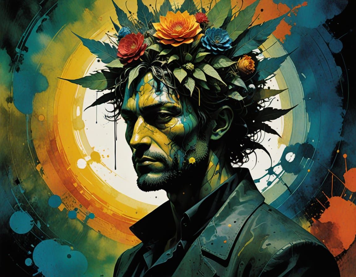 Ethereal Man Amidst Vibrant Orbs and Nature - AI Art