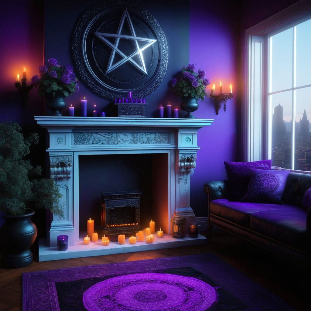 Wiccan pentagram penthouse with black walls& purple Gothic furniture ...
