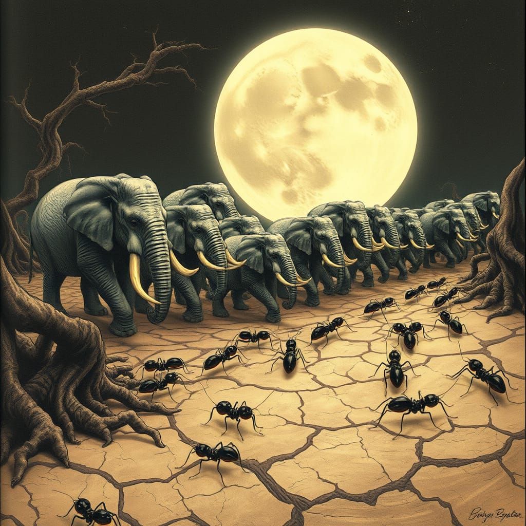 Microscopic elephant colony fighting ants at night in moon light M C Escher